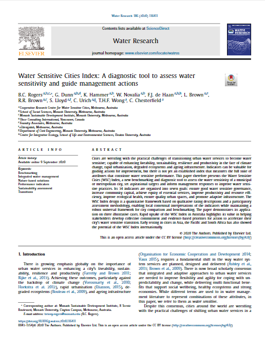 Water Sensitive Cities Index: A diagnostic tool to assess water ...